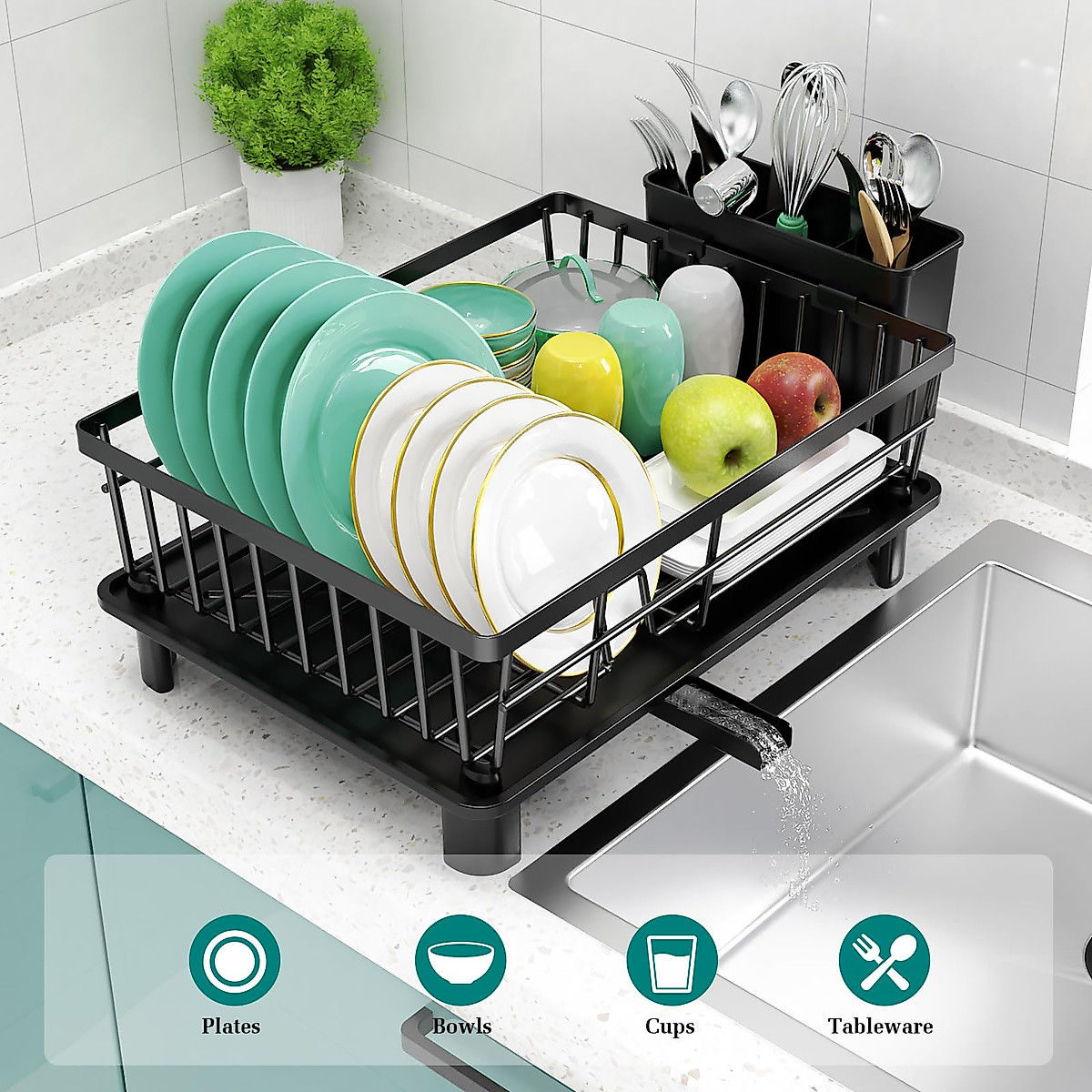 Dish Drying Rack, Space-Saving Dish Rack for Kitchen Counter, Stainless Steel Dish Rack with Cutlery Holder, Removable Dish Drainer, Drainboard and Adjustable Spout for Various Kitchenware,15x11x6.7''