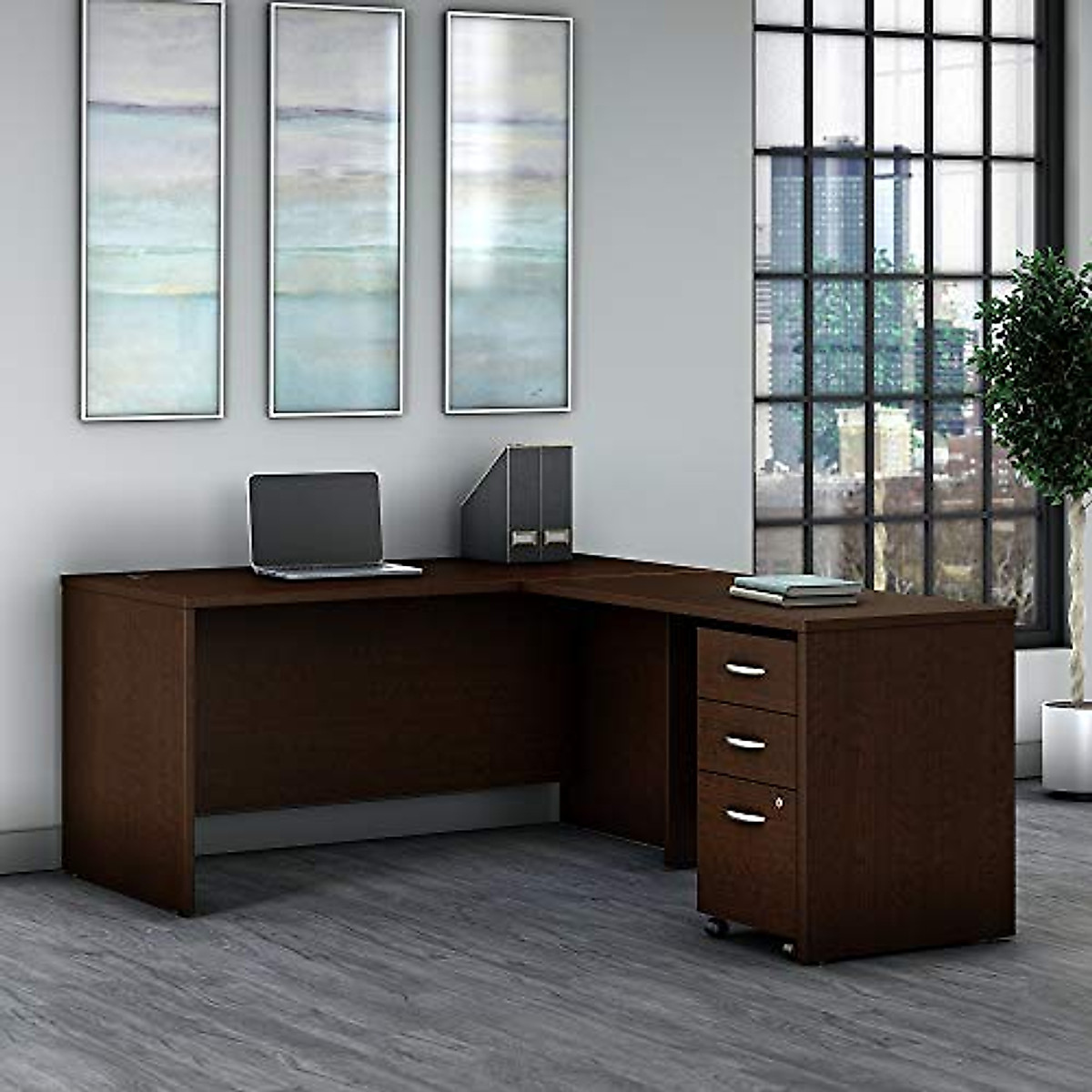 Bush Business Furniture Series C 60W L Shaped Desk with 3 Drawer Mobile File Cabinet in Mocha Cherry