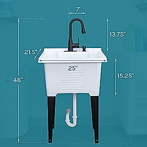 White Utility Sink by JS Jackson Supplies, Tehila Luxe Laundry Tub, Matte Black Pull-Down Faucet, Soap Dispenser