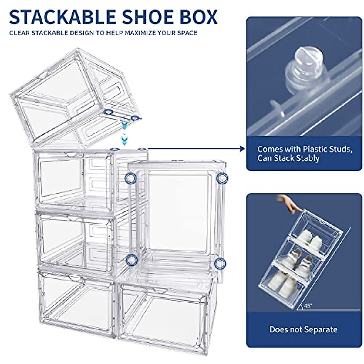 mupera Clear Shoe Box Stackable - Upgraded Large Plastic Sneaker Storage Box with Lid, Magnetic Shoe Boxes Stackable, Shoe Box Clear Plastic, Drop Front Boot Organizer, Hard Plastic Shoe Storage Bin