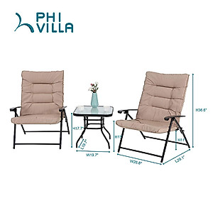 PHI VILLA 3 PCS Patio Bistro Set Outdoor Furniture Folding Chairs Set with Beige Cushions, 2 Adjustable Reclining Chairs & 1 Tempered Glass Coffee Table