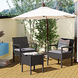 MEISSALIVVE 3 Pieces Outdoor Patio Furniture Set, Small Wicker Bistro Conversation Set for Porch and Balcony, All Weather PE Rattan Chairs with Table, Backyard Garden Furniture (Grey)