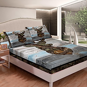 Erosebridal Rustic Cabin Bedding Set Twin Teen Boys Hunting Camo Deer Fitted Sheet Country Farmhouse Woodland Animal Barn Door Bed Sheets,Trees Branches Leaves Camouflage Sheets 1 Pillow Case