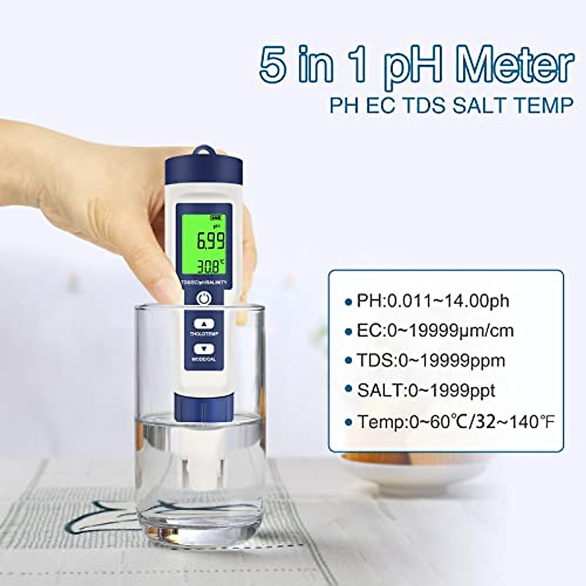 5 in 1 pH Tester for Water, Digital PH Tester Pen 0.01 High Accuracy Water Testing Kits with ATC/EC/TDS/Temp for Hydroponic, Water Quality Monitor, Pool, Aquarium