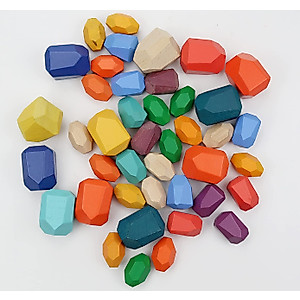 40 PCS Wooden Rocks Balance Stones Building Blocks Set, Colored Wood Balancing Stone Stacking Game, Lightweight Natural Educational Preschool learning Large Small Puzzle Toy for Kids (40PCS-2)