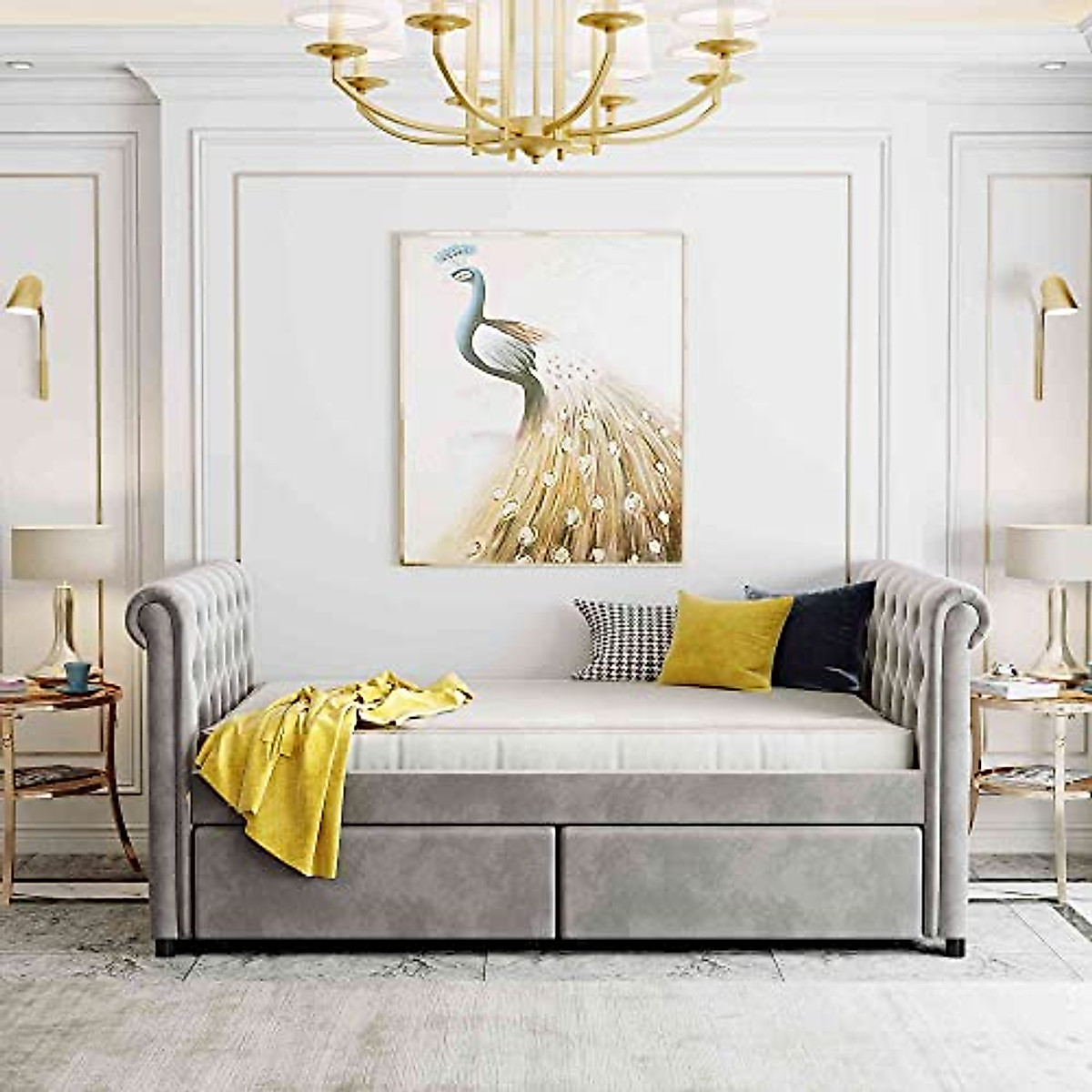 ATY Twin Size Daybed with Two Storage Drawers, Upholstered Sofa Bed Bedframe w/Wood Slat Support, No Box Spring Needed, for Bedroom, Guestroom, Save Space, Gray