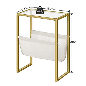 HOOBRO Narrow Side Table, Tempered Glass End Table with Fabric Magazine Sling, Small Coffee Accent Table, Bedside Table for Small Space, Bedroom, Living Room, Modern Style, Gold GD66BZ01