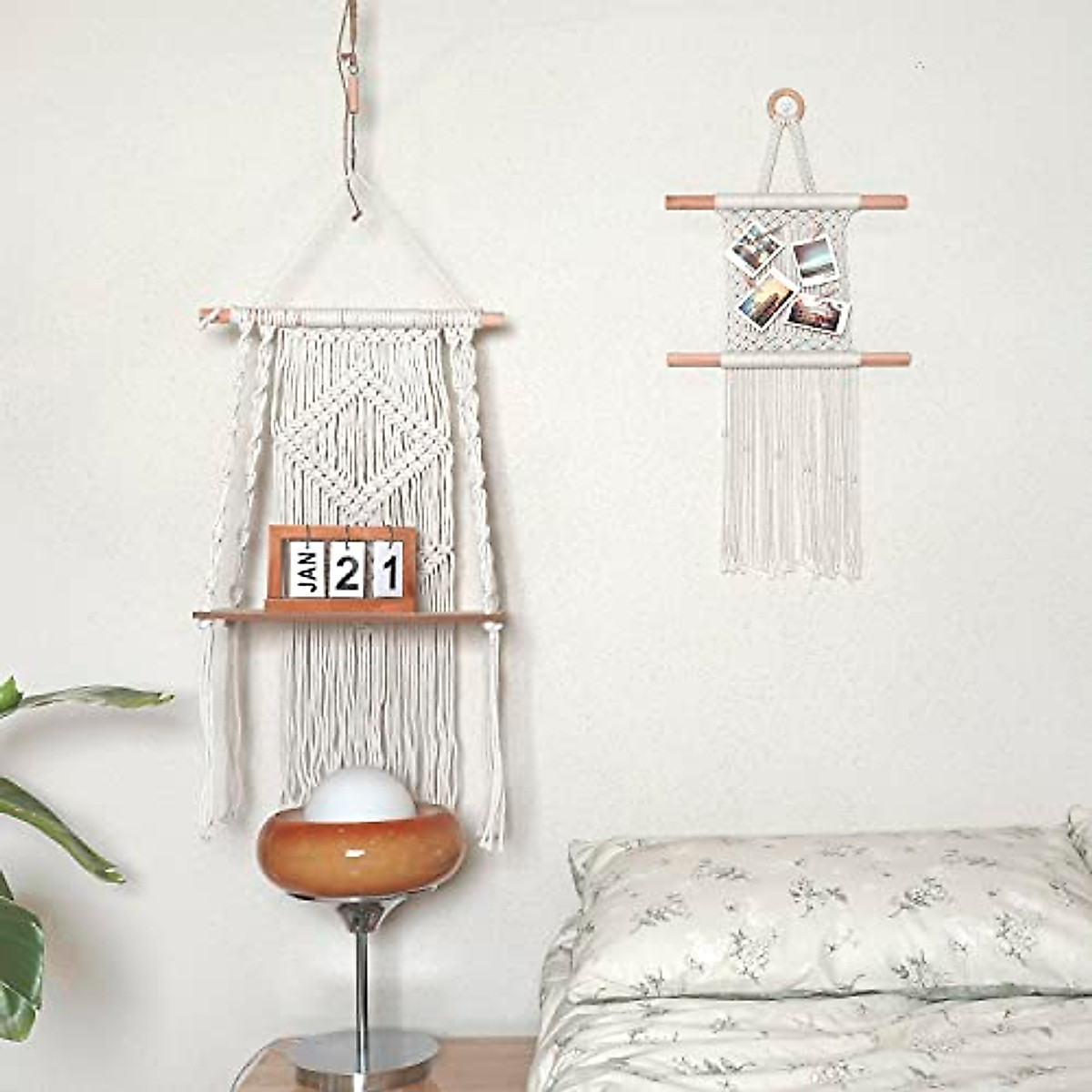 Single Tier Macrame Boho Wall Hanging Shelf, Handmade Bohemian Wooden Woven Plants Floating Shelves Decor,