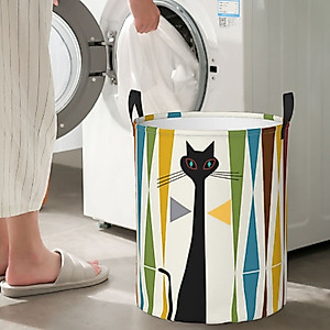Mid-Century Modern Art Cat Printed Round Foldable Laundry Basket With Handle For Home, Bathroom, Dirty Clothes, Toy Storage