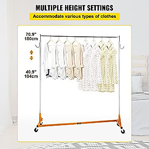 VEVOR Z Rack, 300 lbs Industrial Grade Z Base Garment Rack, 24" x 63" x 71" Height Adjustable Clothes Rack, Sturdy Steel Heavy Duty Clothing Rack w/ Lockable Casters for Home Garment Store Orange