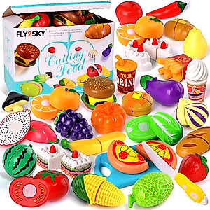 FLY2SKY 60 Pcs Play Food Toys for Kids Kitchen Pretend Play Accessories Cutting Toys Fruits Food Cake Play Set Christmas Birthday Gifts for Girls Boys Toddlers Learning Toys with Storage Bag