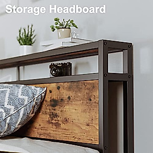 LIKIMIO King Bed Frame with Storage Drawer, 2-Tier Storage Headboard with Charging Station, No Box Spring Needed, Easy Assembly, Vintage Brown