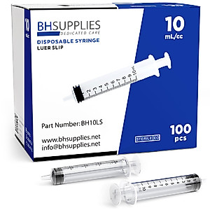10ml Syringe Sterile with Luer Slip Tip, BH SUPPLIES - (No Needle) Individually Sealed - 100 Syringes