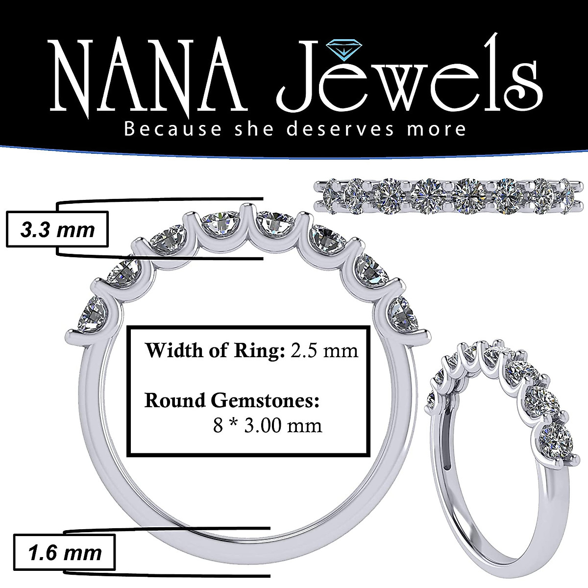 NANA Jewels Womens Pure Brilliance Zirconia Simulated Diamond Band Ring, Rhodium Plated Sterling Silver, Size 7