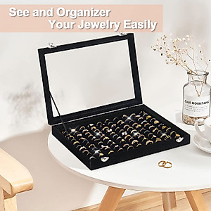 Ring Organizer for Jewelry, Ring Holder Box with Clear Lid, Dustproof Velvet Rings Display Tray Storage Case, 100 Slot Glass Top Jewelry Tray Drawer Insert for Multiple Rings Studs Earring (Black)