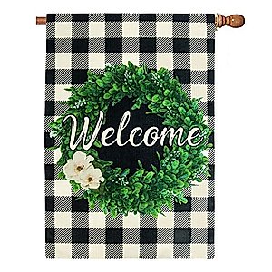 Unves Boxwood Wreath Welcome Spring Flag 28 x 40 Double Sided, Burlap Buffalo Check Plaid Winter House Flags Rustic Farmhouse Spring Winter Yard Garden Decor, Large Welcome Flag