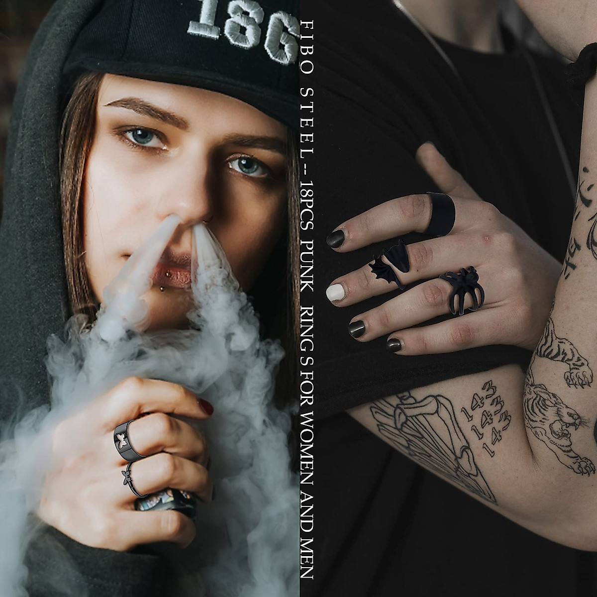 FIBO STEEL 18PCS Gothic Punk Chain Finger Rings for Women Men Y2K Black Stackable Rings Snake Chain Rings Open Adjustable Knuckle Emo Rings Punk Gothic Jewelry