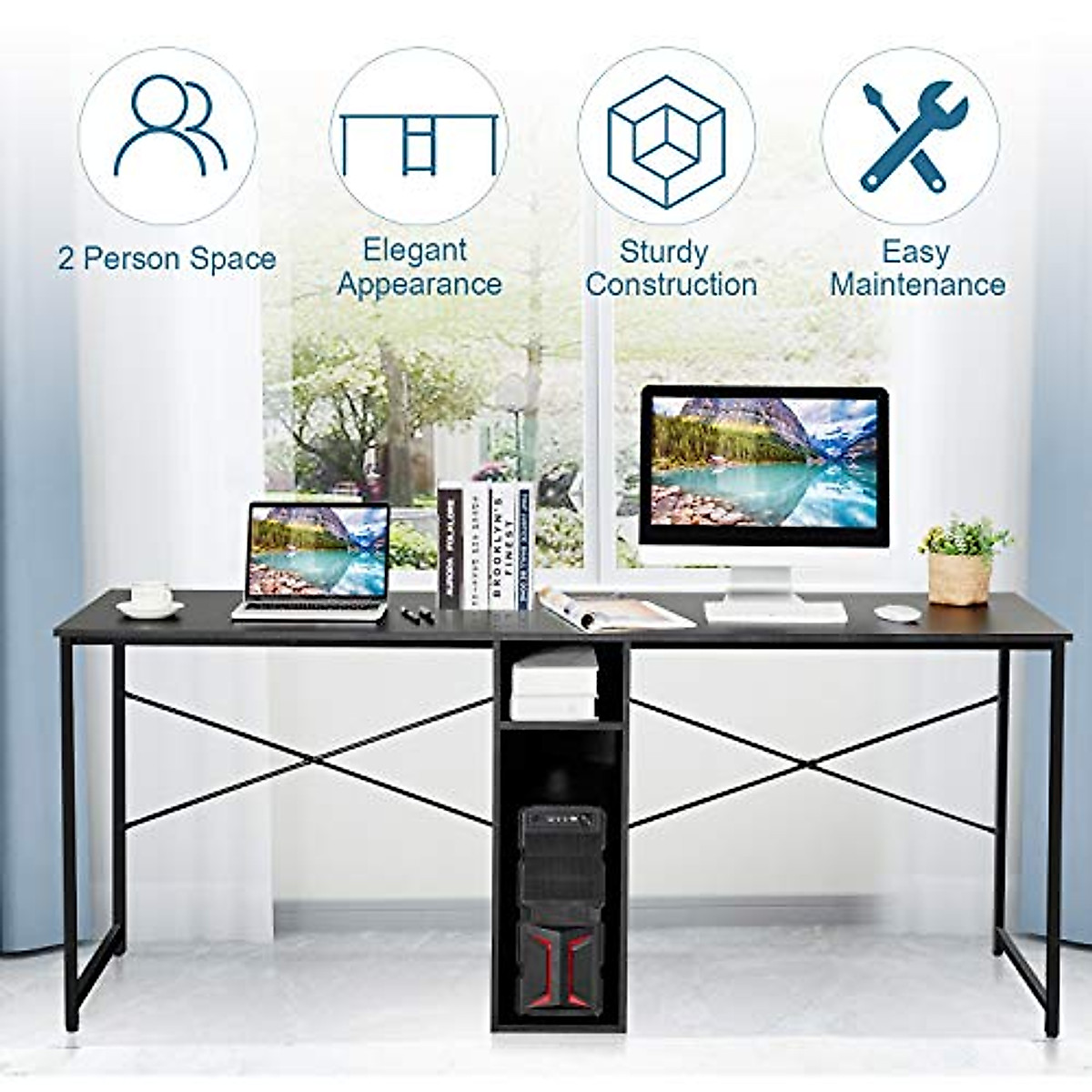 Tangkula 2 Person Computer Desk, 79 Inch Double Workstation Desk with Storage Cubes and Adjustable Foot Pads, Extra Large & Sturdy Writing Table for Home and Office (Black)