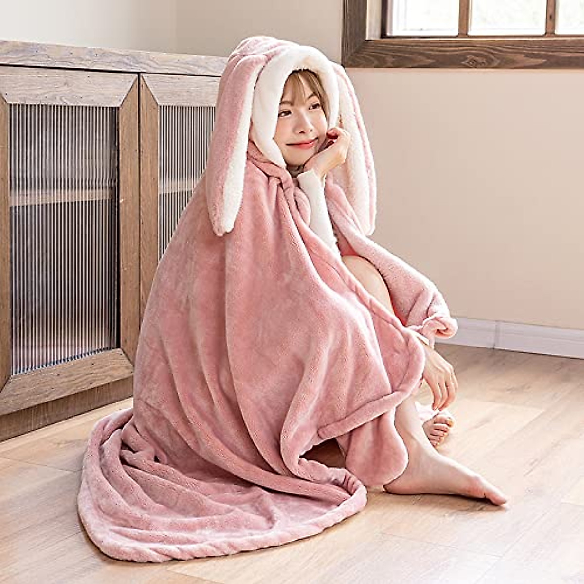 Cute Bunny Ear Wearable Hooded Blanket with Hand Gloves for Women Girls 59inch Length Warm Cozy Plush Flannel Hoodie Poncho Throw Cloak Wrap Cape Fluffy Couch Sofa Bed Fleece Blanket Christmas Gifts