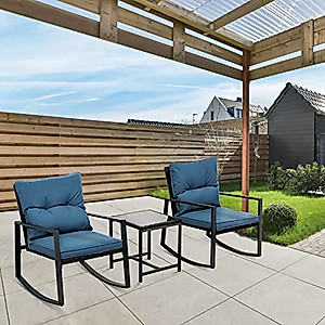 Temminkii 3-Piece Outdoor Bistro Set Wicker Rocking Chair Patio Furniture Blue Cusion Glass Coffee Table for Garden (Blue)