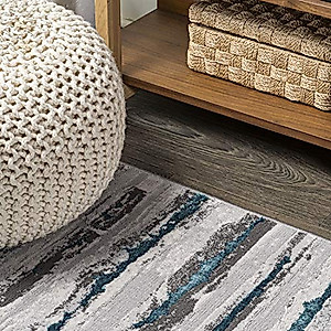 JONATHAN Y SOR204A-210 Batten Modern Stripe Indoor Area-Rug Contemporary Transitional Solid Striped Easy-Cleaning Bedroom Kitchen Living Room Non Shedding, 2 ft x 10 ft, Gray/Turquoise