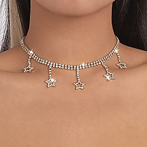 Chargances Sparkly Rhinestone Star Pendant Choker Gold Statement Crystal Necklace Dainty Star Jewerly for Women and Girls (Gold)