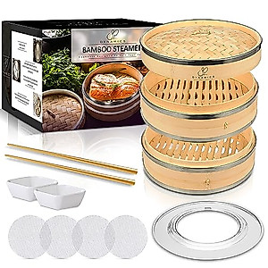 SP Dynamics Bamboo Steamer Basket Set Chinese Cuisine 10-inch 2 Tiers Steaming Basket for Cooking with Chopsticks, Sauce Dishes, and Reusable Liners - Dumpling Steamer Baskets
