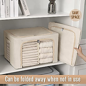 2Pack Storage Bins with Divided Interior - Frame Storage Box Oxford Fabric Clothes Storage Bags Large Capacity Stackable Foldable Container Organizer Set with Clear Window (Large-66L, Beige)