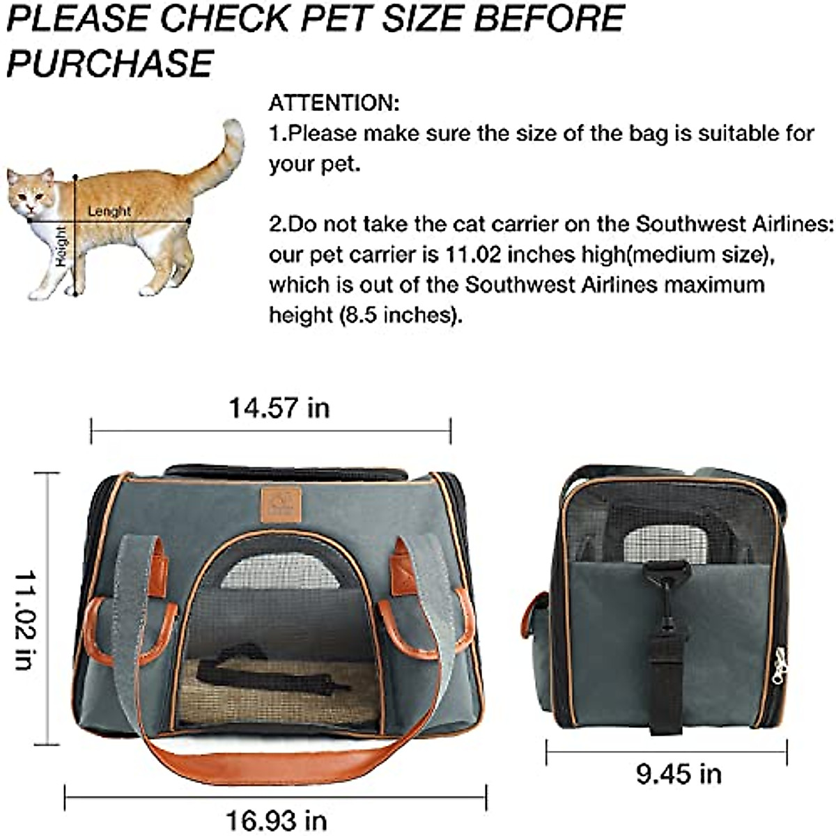Premium Pet Carrier Airline Approved Soft Sided for Cats and Dogs Portable Cozy Travel Pet Bag, Car Seat Safe Carrier (Medium, Deep Grey-1)