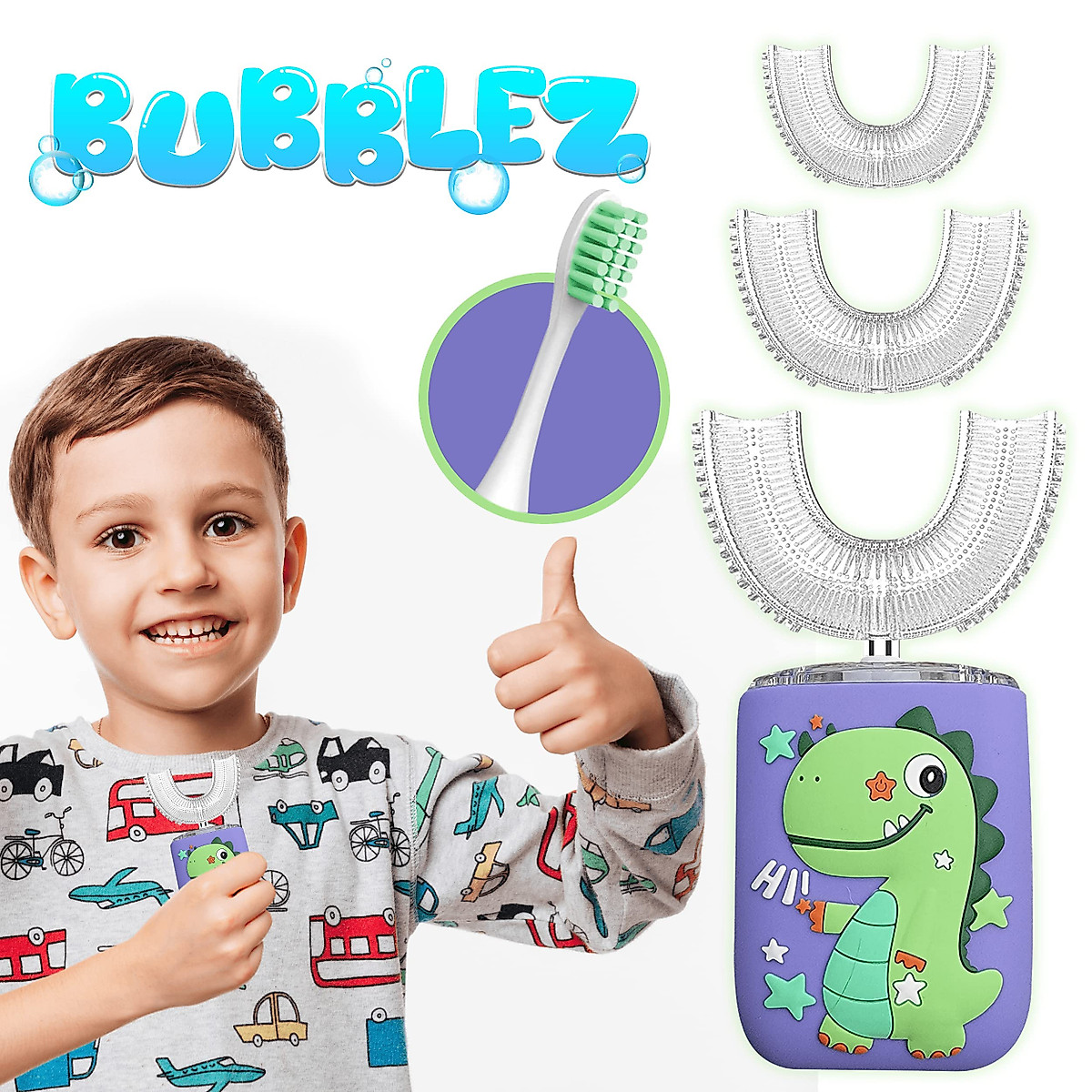 BubblezKidz – Kids Electric Toothbrush – U Shaped Dinosaur Cartoon – Ultra Sonic 6 brush Cleaning Modes w/ Smart Timer – Ages 2-18 Years Old – IPX7 Waterproof, Rechargeable, With Stickers (Dinosaur)