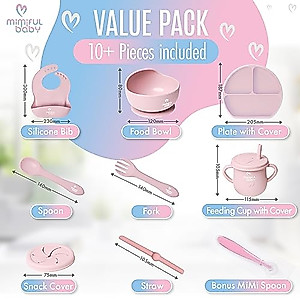 MiMiful Baby Led Weaning Supplies - 6+ Month Silicone Baby Feeding Set, First Stage BWL utensils Dinnerware,Toddler Plate Bowls Set, Spoon, Fork, Lid, Suction Bowl & Cup, Platos Para Bebes (SoftPink)