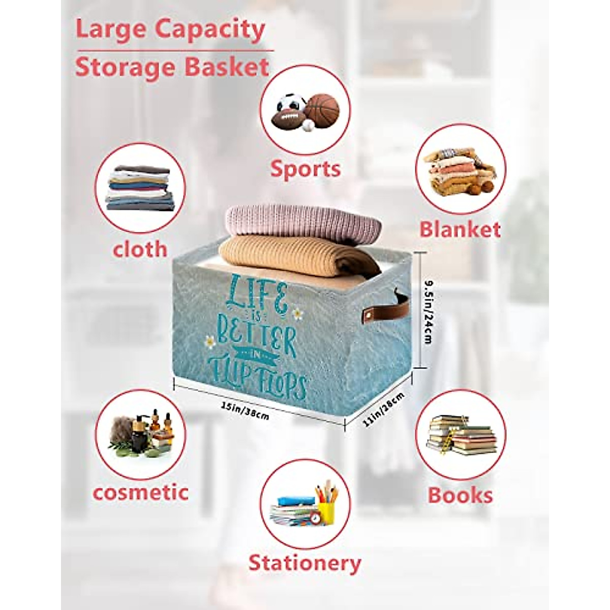 Storage Cubes Organizer with Handles, Frangipani and Life is Better in the Flip Flops Storage Bins Fabric Collapsible Storage Baskets for Shelf Closet Nursery Cloth Organizers Box Blue Seawater 1pcs