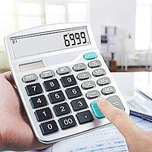 Calculator,12-Digit Solar Battery Basic Calculator,Solar Battery Dual Power with Large LCD Display Office Calculators (Silver)