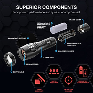 Vont LED Tactical Flashlight, [2 Pack] 2X Longer Battery Life, 5 Modes, High Lumen, Adjustable, Zoomable,Waterproof, Lightweight,Bright Flashlights/Flash Light Gear/Accessories/Camping Supplies