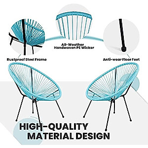 Patiomore 3-Piece Acapulco Chairs Set Rattan Outdoor Furniture Set, All- Weather Patio Conversation Bistro Set with 2 Woven Chairs and 1 Glass Table for Indoor, Balcony, Lawn Garden-Blue