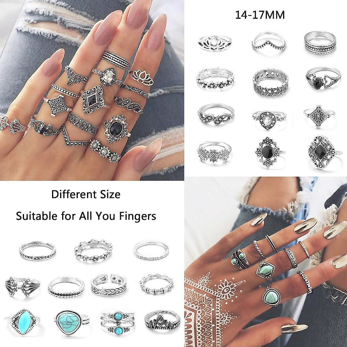 FUNRUN JEWELRY 61PCS Knuckle Ring Set for Women Joint Stackable Midi Finger Ring Bohemian Retro Vintage Jewelry