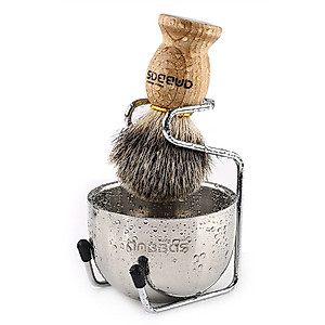 Shaving Set, 3in1 Pure Badger Hair Shaving Brush Natural Solid Wood Handle and Stainless Steel Shaving Stand with Shaving Bowl Dia 3.2 inches for Men Wet Shaving by Anbbas