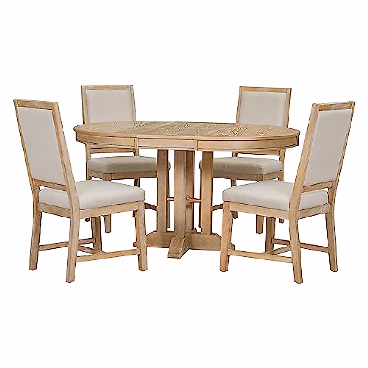 POCIYIHOME 4 Upholstered Farmhouse Round 16" Leaf, Set of 5, Family Chair Restaurant, Kitchen (Natural Wood Wash), 5 Piece Extendable Dining Table Set