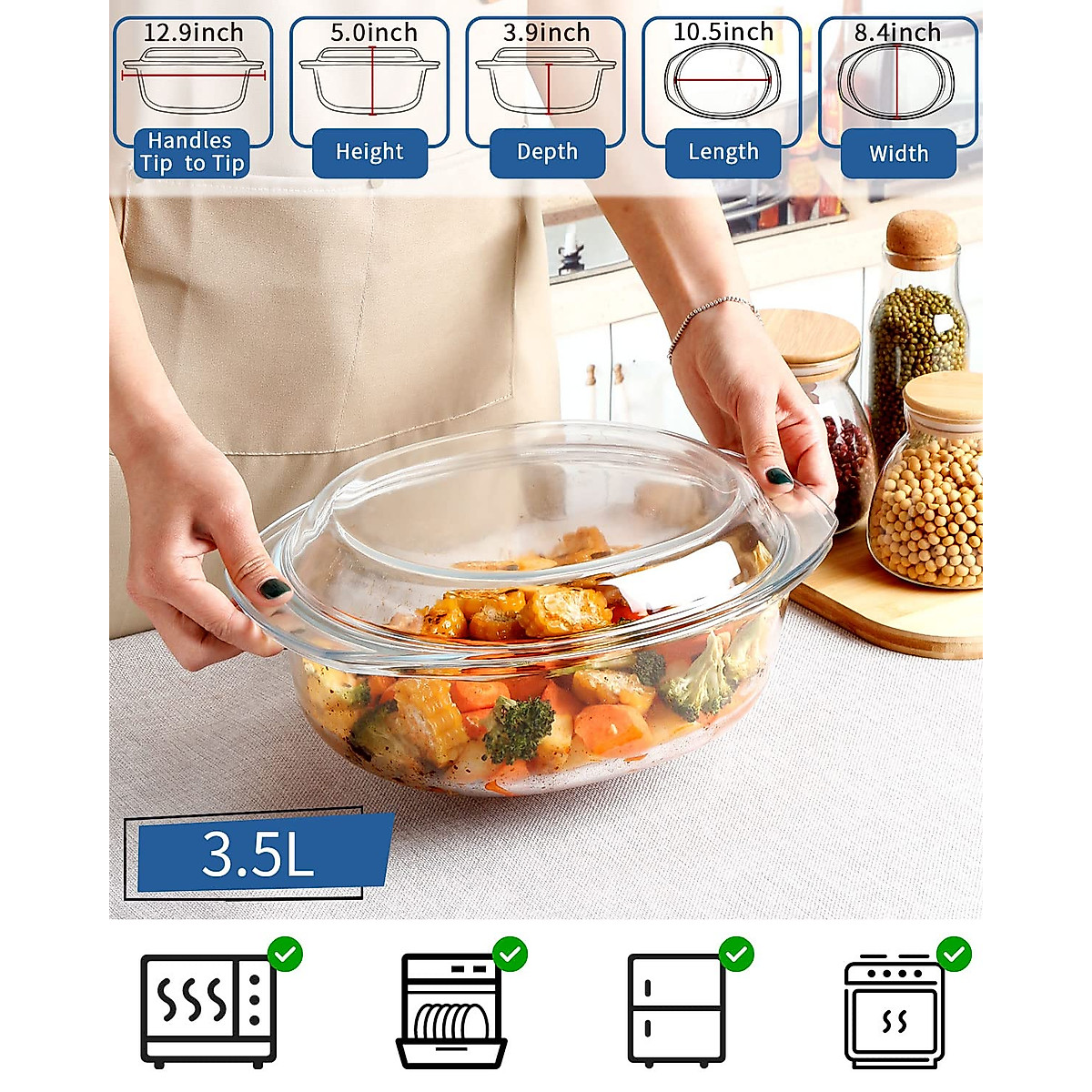 Oval Glass Casserole Dish With Lid Glass Casserole Dishes With Lids Glass Microwave Casserole dish with Lid Covered Glass Bakeware Oven Safe, Glass Casserole With Lid 3.5 Litres