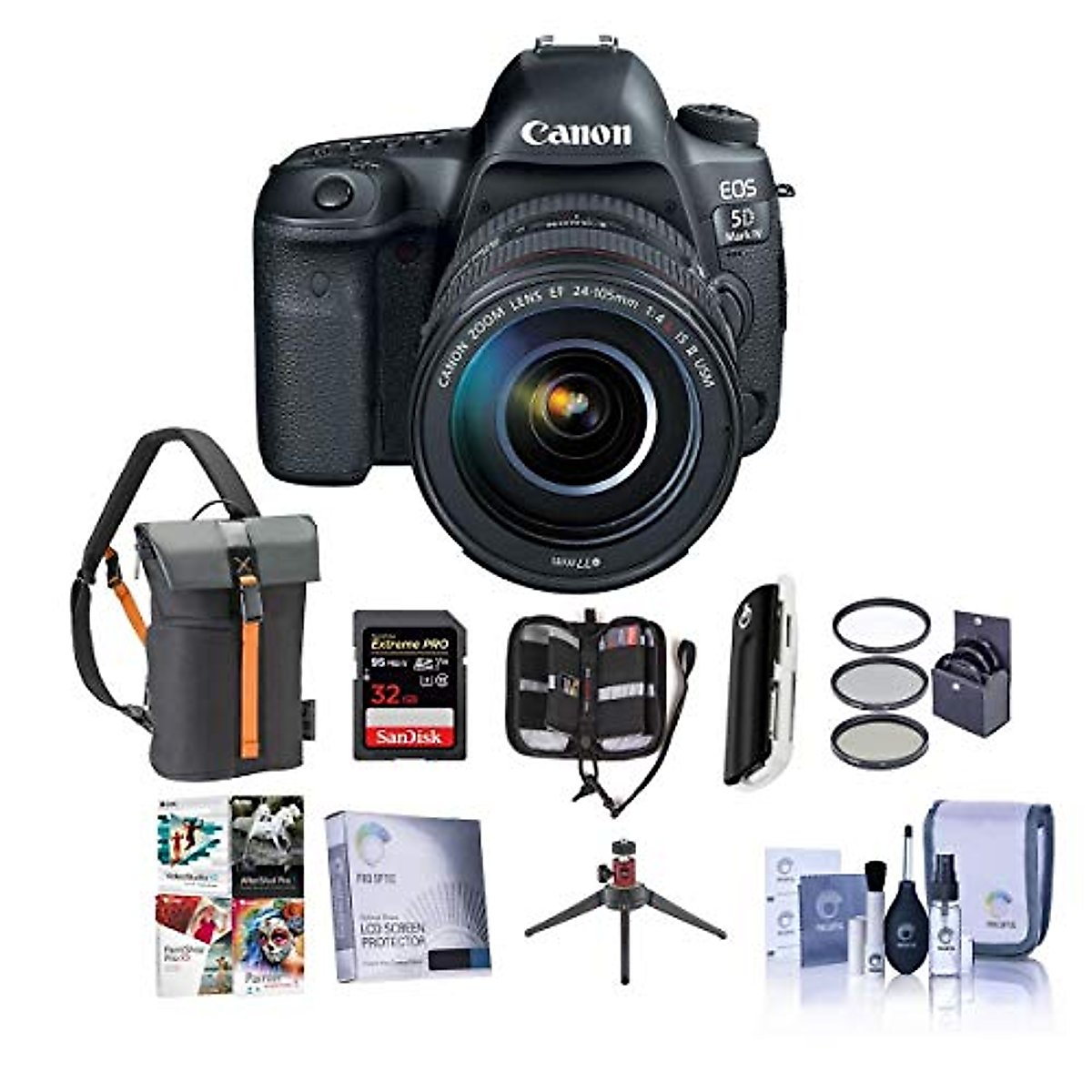 Canon EOS-5D Mark IV Digital SLR Camera Body Kit with EF 24-105mm f/4L IS II USM Kit - Bundle with 32GB U3 SDHC Card, Holster Case, Table Top Tripod, Cleaning Kit, 77mm Filter Kit, PC Software Package