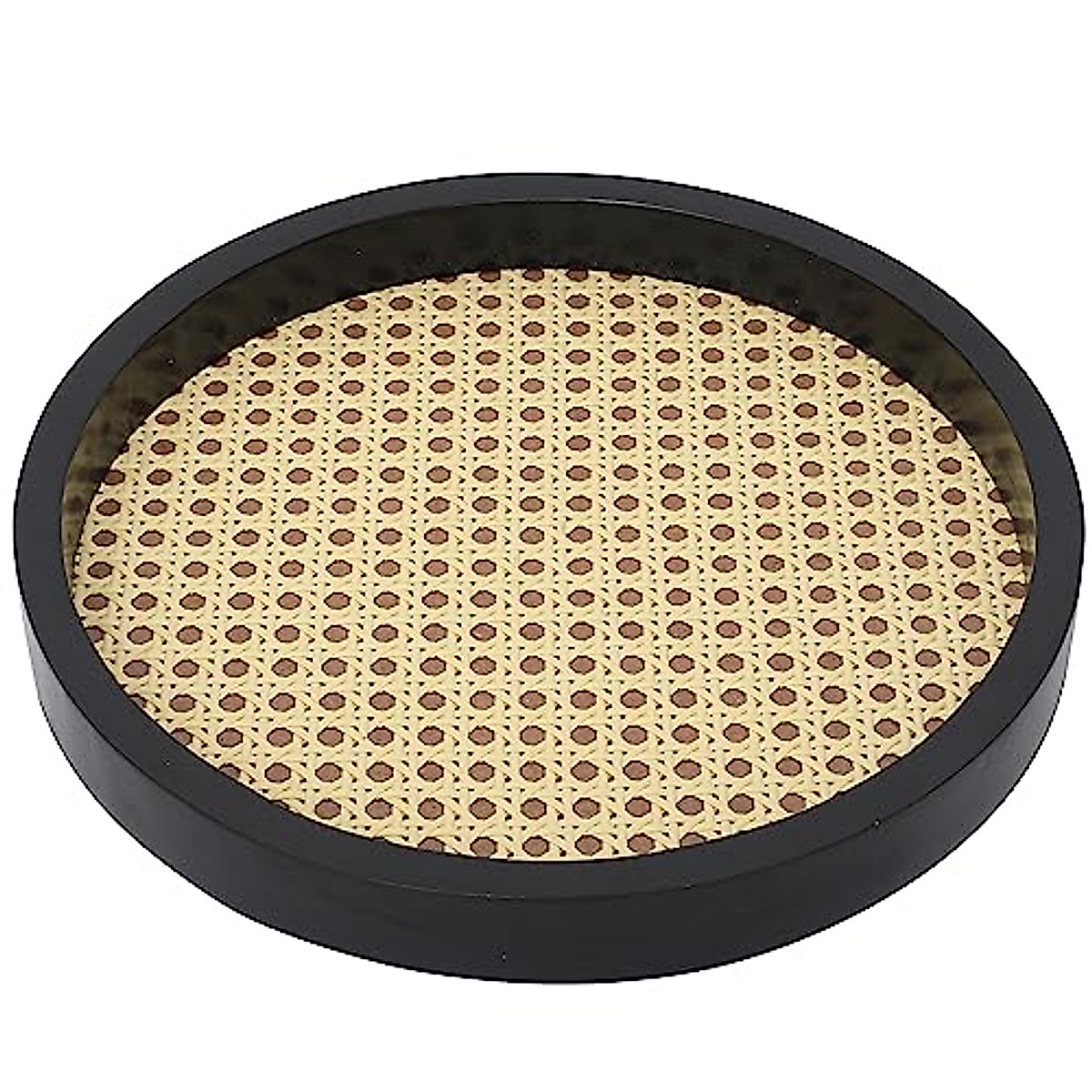 SwallowLiving Decorative Round Serving Tray with Imitated Rattan Handmade Ottoman Tray Boho Basket Wooden Black Frame Storage Tray 11.8” x 1.3“