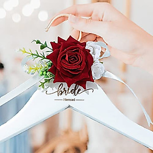 Heread Wedding Hangers White Wood Color Flower Bride Dress Hanger Leaf Groom Suit Hanger Engraved Wedding Grown Hanger with Ribbon Bow Knot for Women and Men (Bride (Pack of 1))