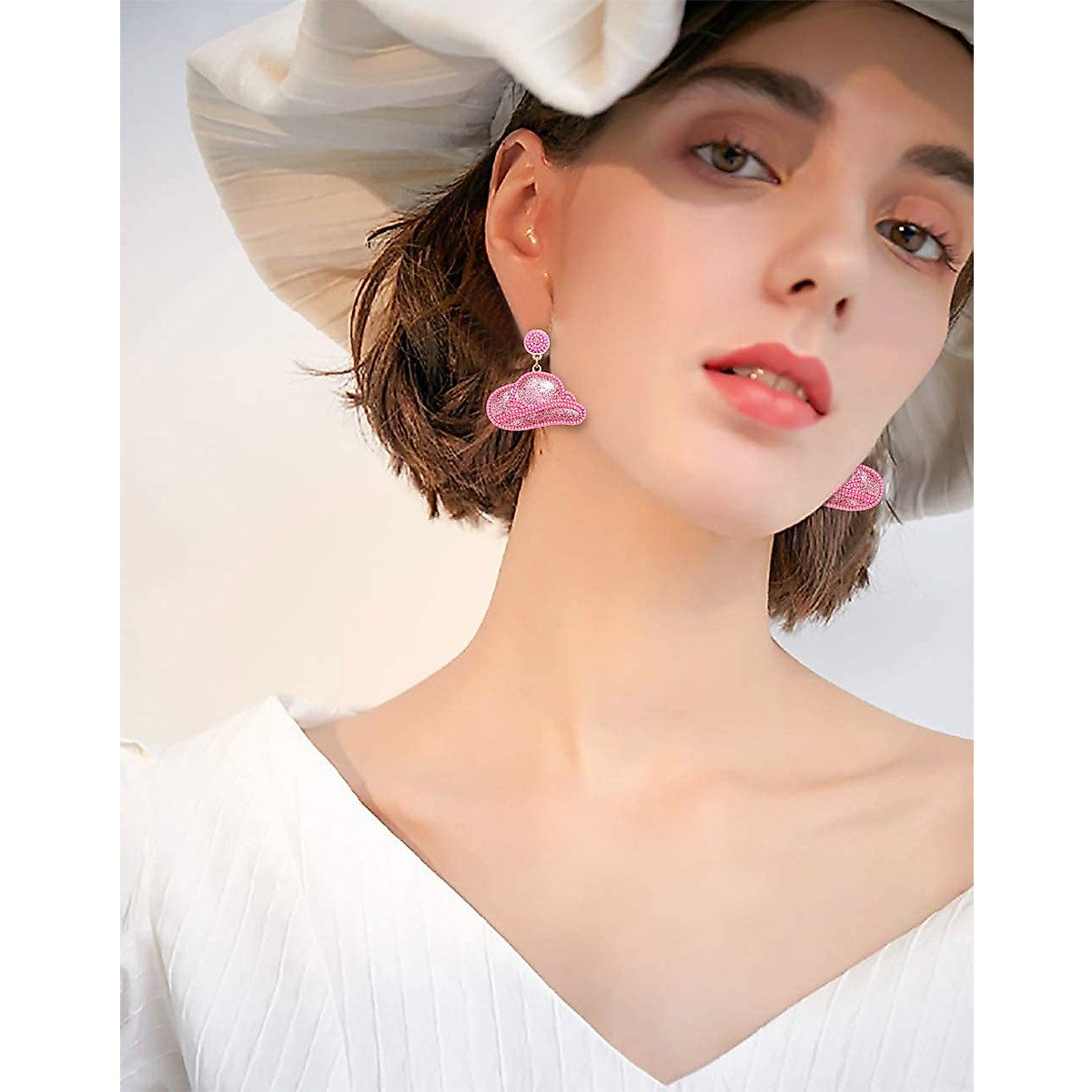 UYT Glitter Beaded Earrings Fun Western Cowgirl Hat Earrings Western Cowboy Wedding Drop Dangle Earrings for Women Bridal Shower Fashion Jewelry Gift (pink)
