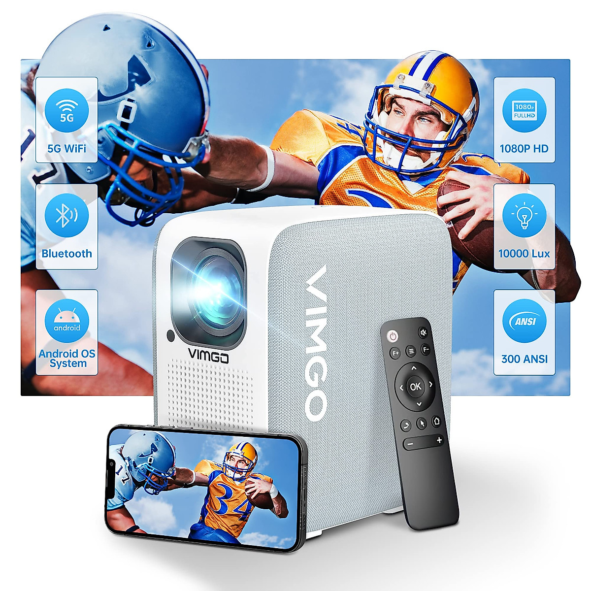 Projector with WiFi and Bluetooth, Native 1080P Portable Projector 4K Supported 120" Display for Home Outdoor, LED Smart Movie Projector Compatible with iOS/Android/PS5/TV Stick/Xbox