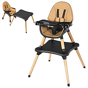 BABY JOY 5 in 1 High Chair, Convertible High Chairs for Babies and Toddlers/Booster Seat/Table and Chair Set, Infant Wooden Highchair w/ 5-Point Harness, 4-Position Removable Tray & PU Cushion, Coffee