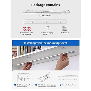 GARTO Silver Under Cabinet Light 2 Packs,23.62 inch Slim LED Motion Sensored Light,4 Beads USB Rechargeable Under Counter Lights for Kitchen Shelf Wardrobe Closet