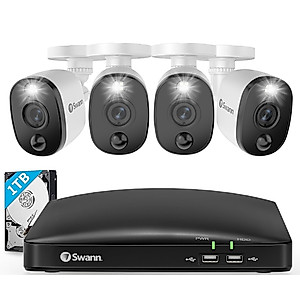 Swann Home DVR Security Camera System with 1TB HDD, 8 Channel 4 Camera, 1080p Full HD Video, Indoor or Outdoor Wired Surveillance CCTV, Color Night Vision, Heat Motion Detection, LED Lights, 845804