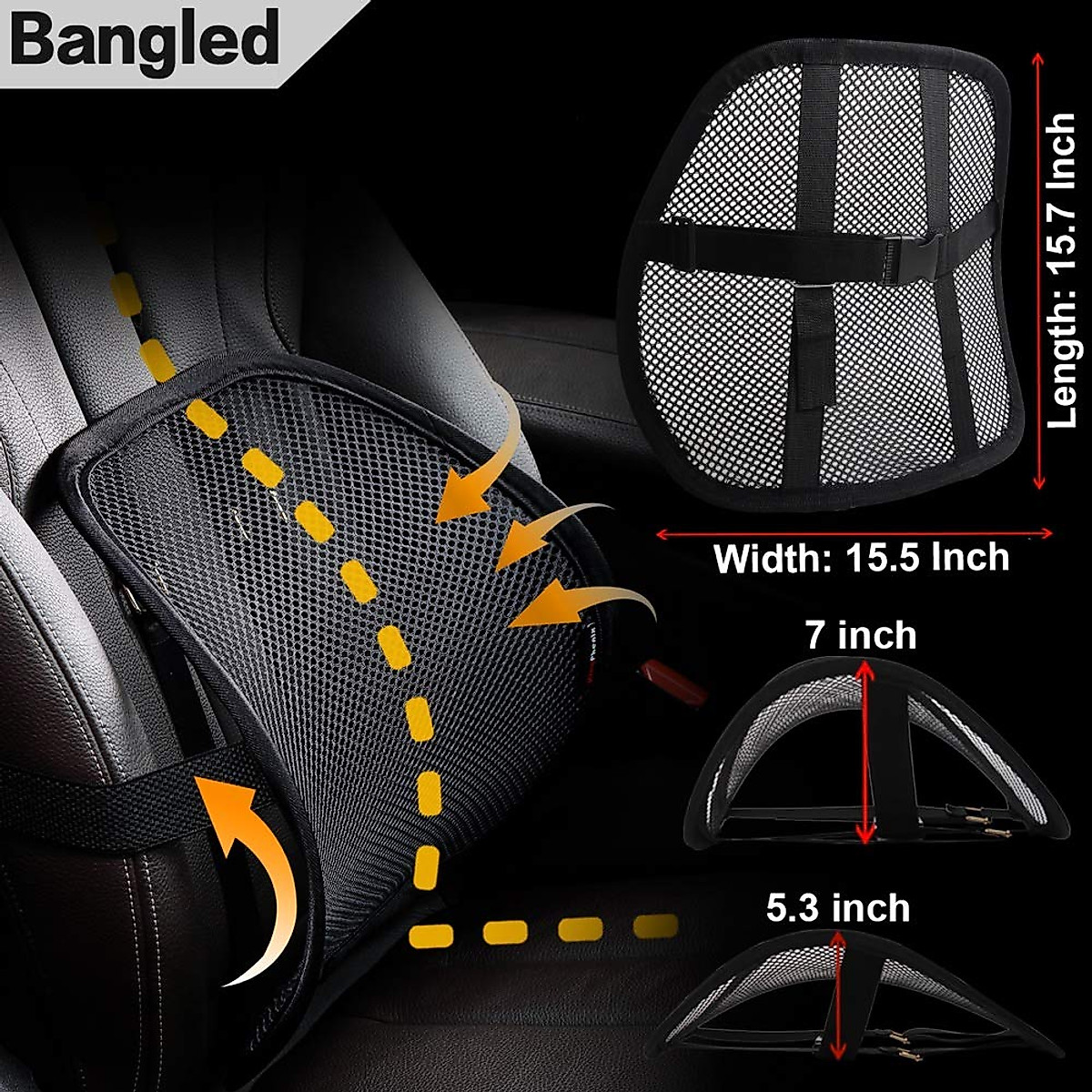 Bangled Lumbar Support, Car Lumbar Support with Double Breathable Mesh, Back Lumbar Support for Car and Office Chair (Black 2 Pack)