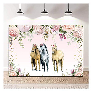 Pink Flower Countryside West Cowboy Cowgirl Horse Theme Photography Backdrop 5x3ft Children Boy or Princess Girl Birthday Photo Background Baby Shower Party Supplies Banner Cake Table Decor Vinyl
