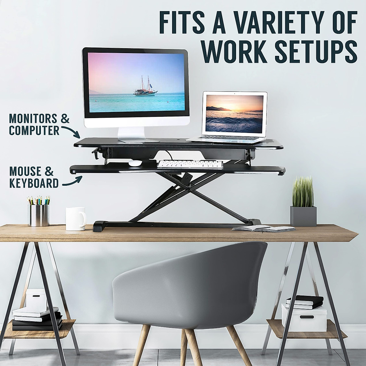 TechOrbits Standing Desk Converter - 32 Inch Adjustable Sit to Stand Up Desk Workstation, MDF Wood, Ergonomic Desk Riser with Keyboard Tray, Desktop Riser for Home Office Computer Laptop, White 32"